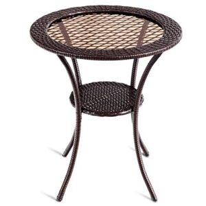 tangkula 25 inch patio wicker coffee table outdoor backyard lawn balcony pool round tempered glass top rattan steel frame side table furniture w/storage shelf, brown