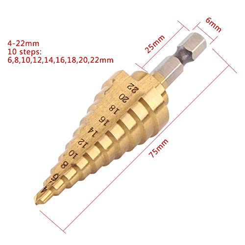 Step Drill Bit, High Speed Steel HSS Cone Drill Bit 1/4" Hex Shank Coated Hole Cutter 4-22mm