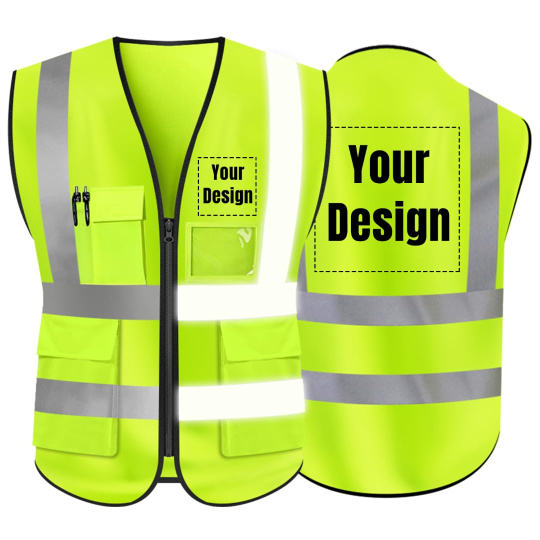 YOWESHOP High Visibility Safety Vest Custom Your Logo Protective Workwear 5 Pockets With Reflective Strips Outdoor Work Vest (Neon Yellow XL)