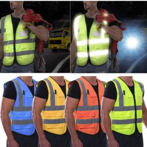 YOWESHOP High Visibility Safety Vest Custom Your Logo Protective Workwear 5 Pockets With Reflective Strips Outdoor Work Vest (Neon Yellow XL)