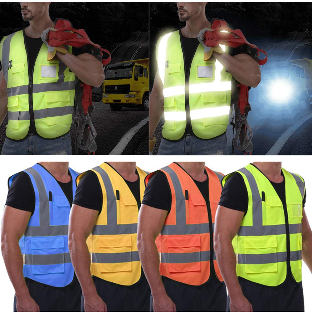 YOWESHOP High Visibility Safety Vest Custom Your Logo Protective Workwear 5 Pockets With Reflective Strips Outdoor Work Vest (Neon Yellow XL)