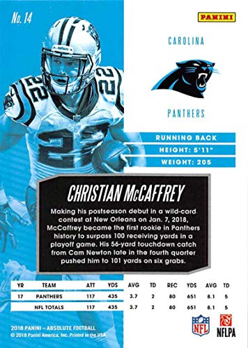 2018 Absolute Football #14 Christian McCaffrey Carolina Panthers Official NFL Trading Card made by Panini