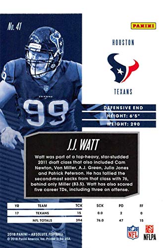 2018 Absolute Football #41 J.J. Watt Houston Texans Official NFL Trading Card made by Panini