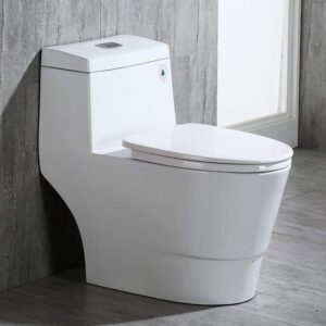 woodbridge one piece toilet with soft closing seat, chair height, 1.28 gpf dual, water sensed, 1000 gram map flushing score toilet with chrome button t0001-ch, white