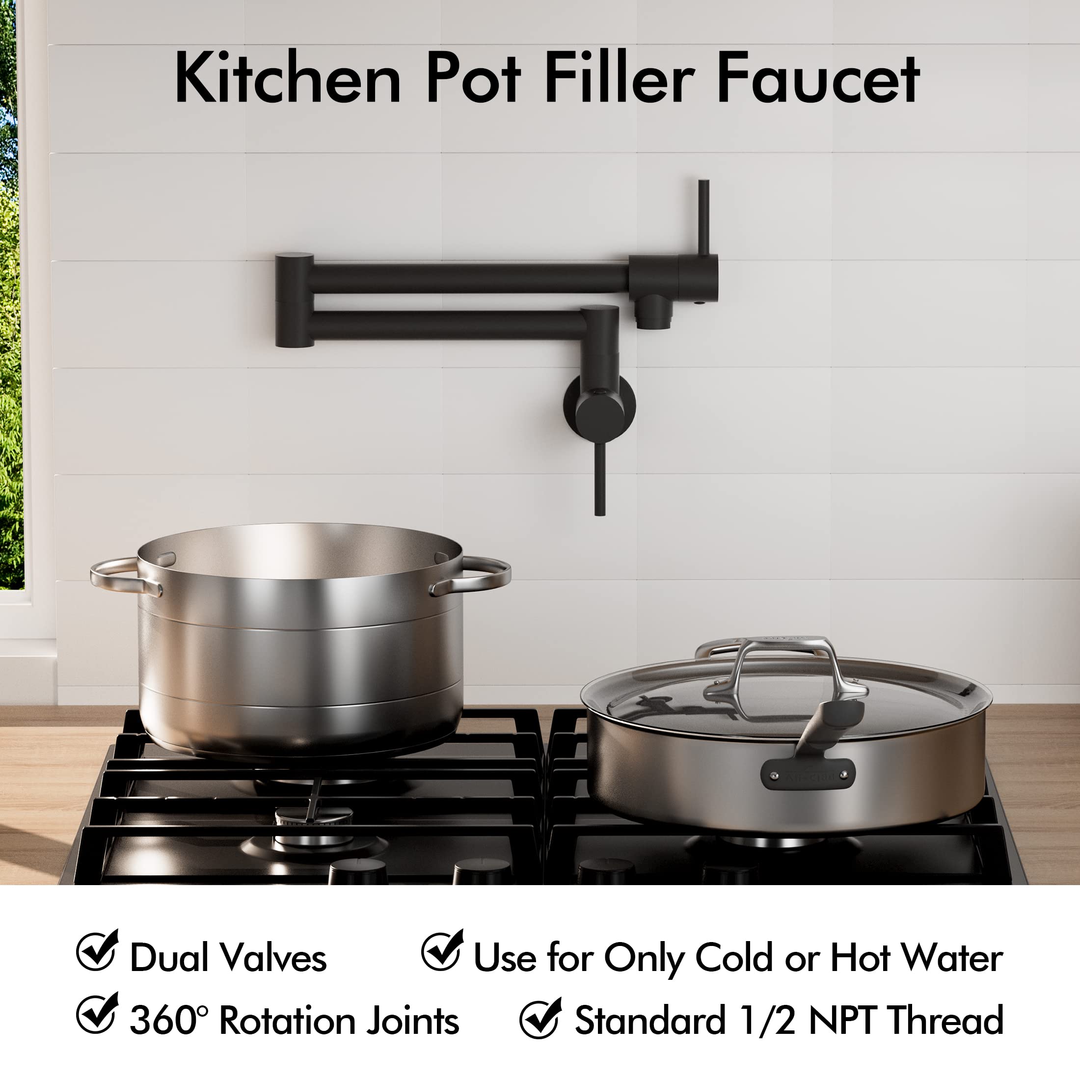 KES Pot Filler Folding Kitchen Faucet Brass Double Joint Swing Arm Sink Faucet Articulating Wall Mount Two Handle Single Hole, Matte Black, cUPC NSF Certified Lead-Free, KN926LF-BK