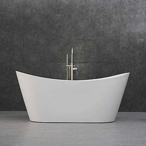 WOODBRIDGE 67" Acrylic Freestanding Bathtub Contemporary Soaking White Tub with Brushed Nickel Overflow and Drain，B-0010