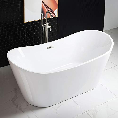 WOODBRIDGE 67" Acrylic Freestanding Bathtub Contemporary Soaking White Tub with Brushed Nickel Overflow and Drain，B-0010