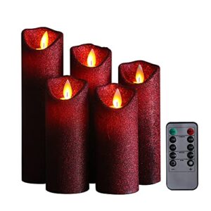 Kitch Aroma Burgundy Red Glitter Flickering Flameless Candles Set of 5(H 5"/5.5"/6"/7"/8" xD 2.2") Christmas Red Powder Candle Fllickering Flameless Candles Home Decor