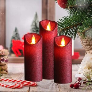 Kitch Aroma Burgundy Red Glitter Flickering Flameless Candles Set of 5(H 5"/5.5"/6"/7"/8" xD 2.2") Christmas Red Powder Candle Fllickering Flameless Candles Home Decor