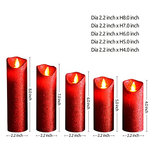 Kitch Aroma Burgundy Red Glitter Flickering Flameless Candles Set of 5(H 5"/5.5"/6"/7"/8" xD 2.2") Christmas Red Powder Candle Fllickering Flameless Candles Home Decor