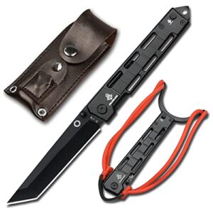 nedfoss pocket knife, 8'' tanto hunting folding knife with glass breaker, slingshot, pocket clip, survival knife for emergency rescue situations, home improvements, cool knives for men