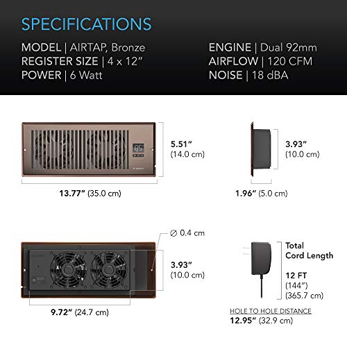 AC Infinity AIRTAP T4, Quiet Register Booster Fan with Thermostat 10-Speed Control, Heating Cooling AC Vent, Fits 4” x 12” Register Holes, Bronze