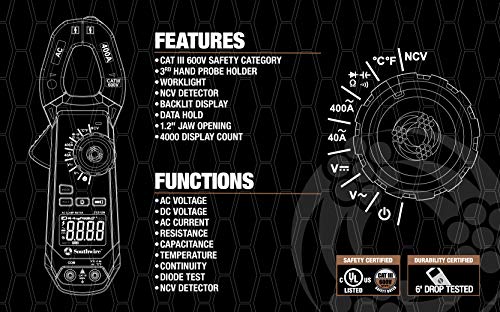 Southwire 21510N clamp meter; third-hand test probe holder; 400A AC current range; CAT III 600V safety rating; built-in non-contact voltage detector; 5 year warranty; Black Brown