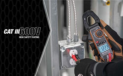 Southwire 21510N clamp meter; third-hand test probe holder; 400A AC current range; CAT III 600V safety rating; built-in non-contact voltage detector; 5 year warranty; Black Brown