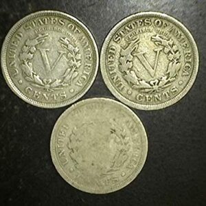 1883 No Mint Mark to 1912 5c US Liberty Head (Barber) Nickels - Set of 3 Coins - All FULL LIBERTY - 3 Different Dates Fine and Better