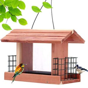 solution4patio homes garden usa cedar bird feeder wildbird essentials handmade wooden outdoor ranch patio yard tree hanging with double plastic window and double suet holder cages combination #g-8534