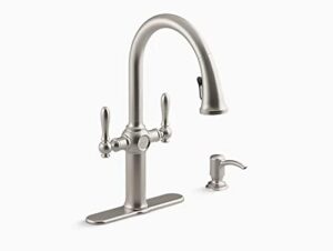 kohler k-r24937-sd-vs neuhaus pull down kitchen faucet, 2-spray faucet, kitchen sink faucet with pull down sprayer in vibrant stainless