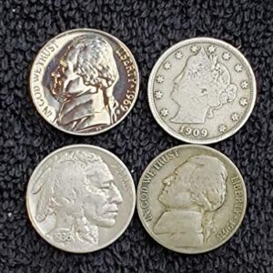 Lot of 4 Different Type Nickels - Liberty (1883-1912), Buffalo (1913-1938), Silver War Nickel (1942-45) and Proof Jefferson (1956-1999) 5c All grade Good and Better