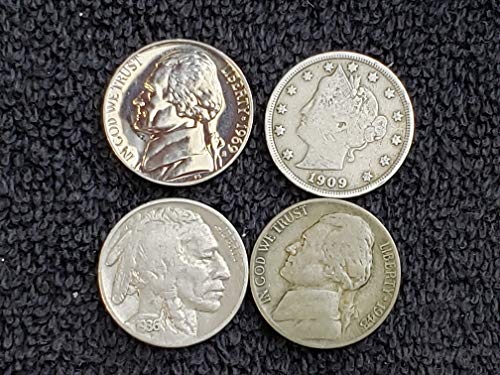 Lot of 4 Different Type Nickels - Liberty (1883-1912), Buffalo (1913-1938), Silver War Nickel (1942-45) and Proof Jefferson (1956-1999) 5c All grade Good and Better