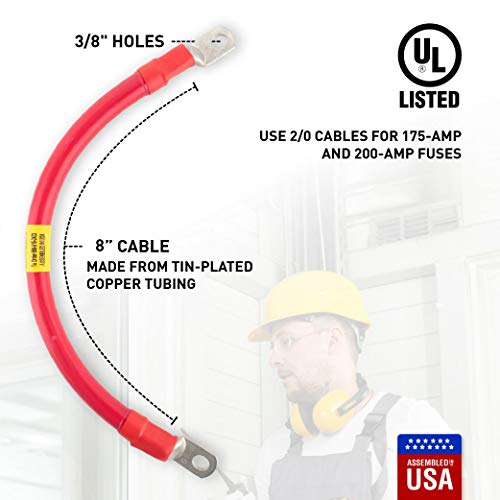 Exell Battery 2/0 Interconnecting Copper Cable, 8-inch Length with 3/8-inch Lugs, Red