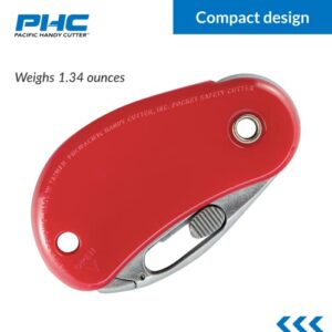 Pacific Handy Cutter PSC2 Pocket Safety Cutter Box of 12 Red Compact Design with Integrated Bladeless Tape Splitter Self-Retracting Safety Point Blade for Boxes Tape String Paper or Plastic PSC2-300