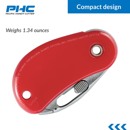 Pacific Handy Cutter PSC2 Pocket Safety Cutter Box of 12 Red Compact Design with Integrated Bladeless Tape Splitter Self-Retracting Safety Point Blade for Boxes Tape String Paper or Plastic PSC2-300