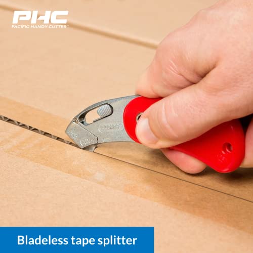 Pacific Handy Cutter PSC2 Pocket Safety Cutter Box of 12 Red Compact Design with Integrated Bladeless Tape Splitter Self-Retracting Safety Point Blade for Boxes Tape String Paper or Plastic PSC2-300