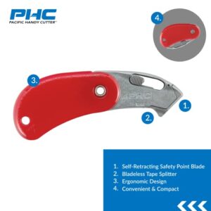 Pacific Handy Cutter PSC2 Pocket Safety Cutter Box of 12 Red Compact Design with Integrated Bladeless Tape Splitter Self-Retracting Safety Point Blade for Boxes Tape String Paper or Plastic PSC2-300