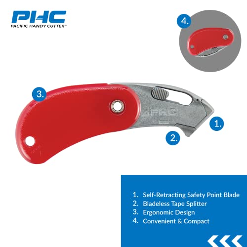 Pacific Handy Cutter PSC2 Pocket Safety Cutter Box of 12 Red Compact Design with Integrated Bladeless Tape Splitter Self-Retracting Safety Point Blade for Boxes Tape String Paper or Plastic PSC2-300