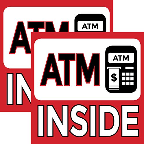 ATM Inside Vinyl Sign, 4" x 4" Sticker Decal, 2 Pack, Red and White, Self- Adhesive