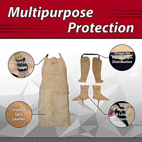 SAFE HANDLER Welders Leather Protection Kit with 5 Piece Full Body Protection | Sturdy, Strong Overall Protection, Adjustable Straps, Grade A Split Leather, 36 inch