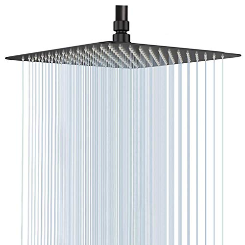 GGStudy 16 Inch Square Stainless Steel Shower Head Rain Style Large Shower Head Matte Black High Pressure