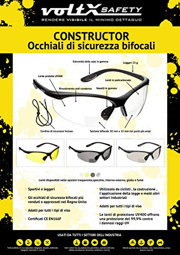 voltX 'CONSTRUCTOR' BIFOCAL Reading Safety Glasses (CLEAR +3.5 Dioptre) ANSI Z87.1+ & CE EN166F, certified/Cycling Sports Glasses includes safety cord + UV400 anti fog coated lens