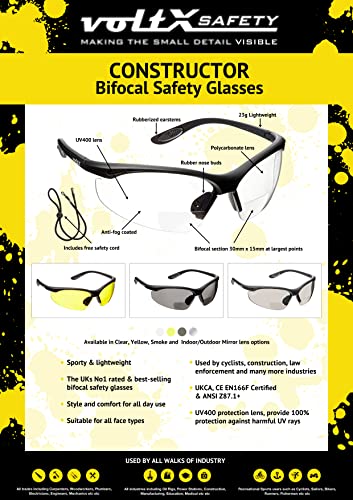 voltX 'CONSTRUCTOR' BIFOCAL Reading Safety Glasses (CLEAR +3.5 Dioptre) ANSI Z87.1+ & CE EN166F, certified/Cycling Sports Glasses includes safety cord + UV400 anti fog coated lens