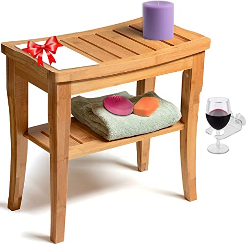 House Ur Home Shower Bench Seat Wooden Spa Bath Deluxe Organizer Stool with Storage Shelf for Seating Chair Perfect for Indoor Or Outdoor - Plus Free Value Gift Including