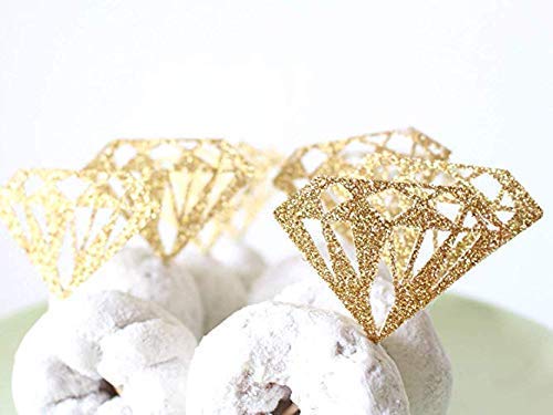 Diamond Cupcake Toppers, Bridal Shower Decorations, Diamond Donut Toppers in Gold Glitter Set of 12