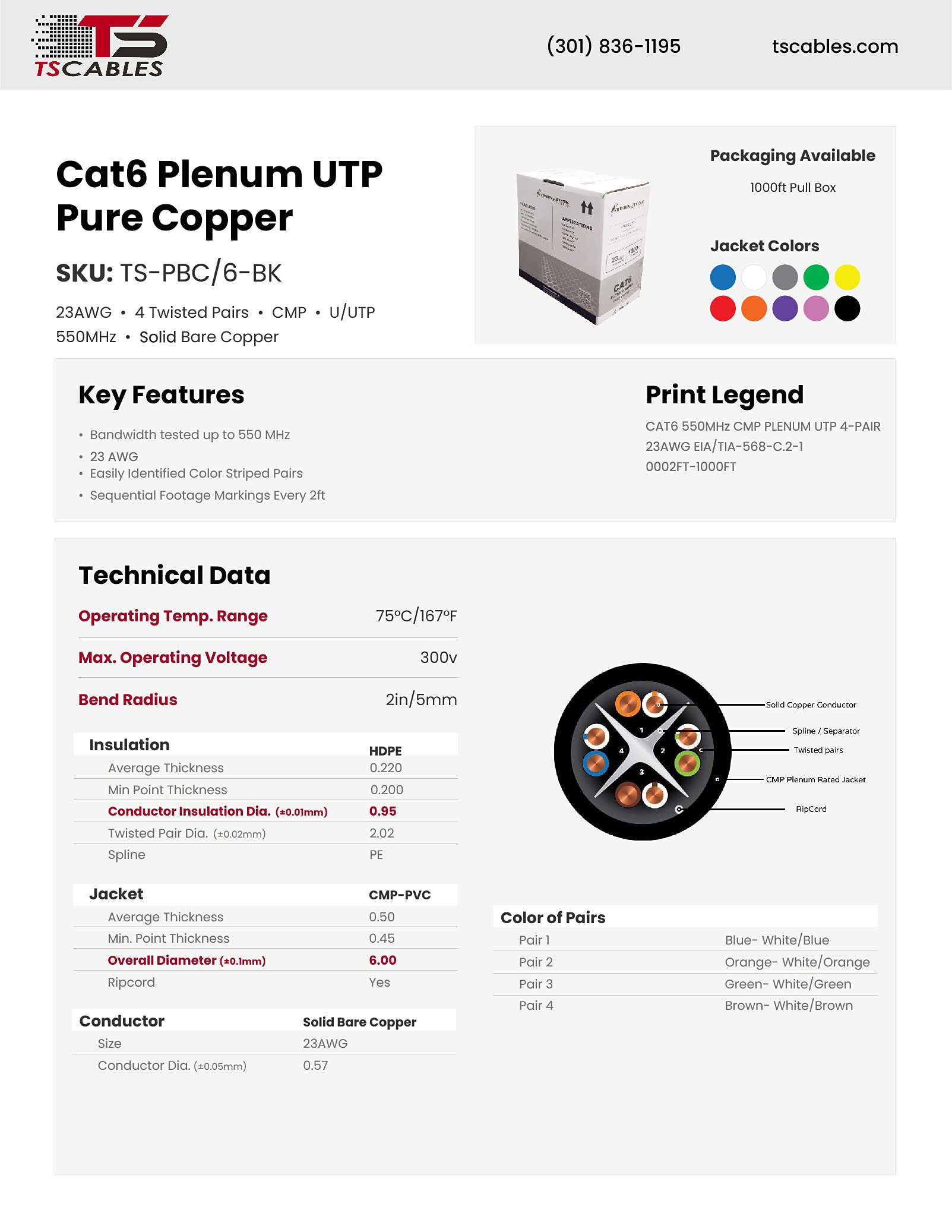 Cat6 Plenum (CMP) 1000ft Cable, 23AWG | 100% Solid Bare Copper | 550MHz | Unshielded Twisted Pair (UTP) Bulk Ethernet Cable, Available in 10 Colors