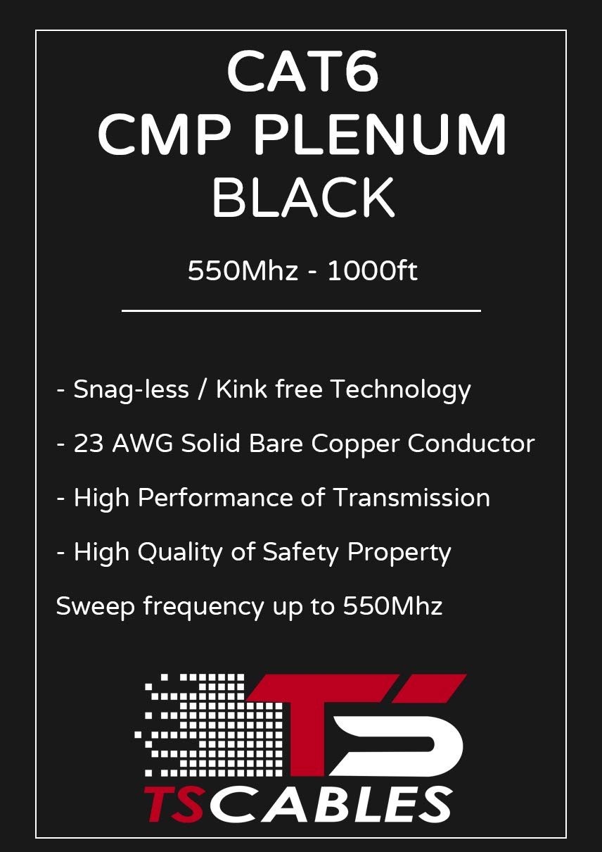 Cat6 Plenum (CMP) 1000ft Cable, 23AWG | 100% Solid Bare Copper | 550MHz | Unshielded Twisted Pair (UTP) Bulk Ethernet Cable, Available in 10 Colors