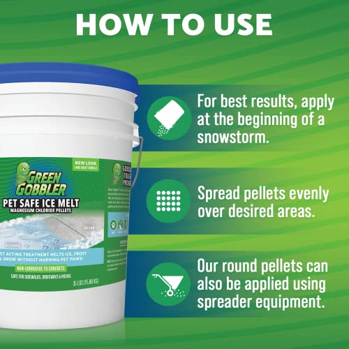 Green Gobbler Pet Safe Ice Melt Effective to -15° Fahrenheit | 35lb Pail | Fast Acting Treatment | Magnesium Chloride Ice Melt Pellets | No Concrete Damage