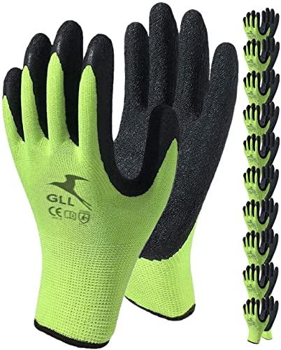 Work Gloves for Men and Women, Coated Safety Gloves for Work, 10-Pair Pack, Water-Based Latex Rubber Firm Grip Coating (Size Large Fits Most, Green)