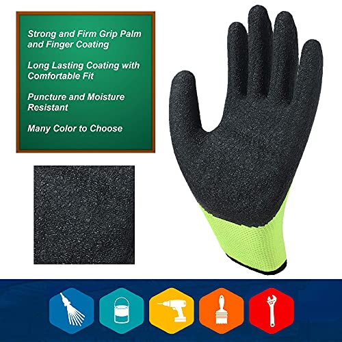 Work Gloves for Men and Women, Coated Safety Gloves for Work, 10-Pair Pack, Water-Based Latex Rubber Firm Grip Coating (Size Large Fits Most, Green)