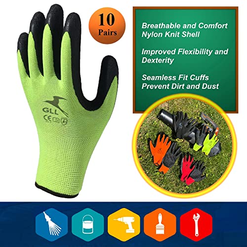 Work Gloves for Men and Women, Coated Safety Gloves for Work, 10-Pair Pack, Water-Based Latex Rubber Firm Grip Coating (Size Large Fits Most, Green)