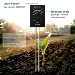 SONKIR Soil pH Meter, MS-X1 Upgraded 3-in-1 Soil Moisture/Light/pH Tester Gardening Tool Kits for Plant Care, Great for Garden, Lawn, Farm (Black)