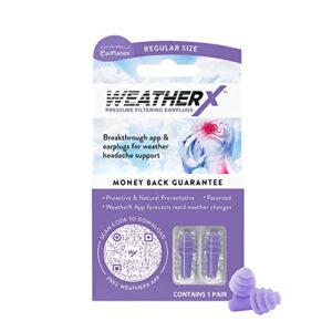 weatherx headache prevention– pressure filtering earplug for shifts in barometric weather pressure, download free alert app (regular 1 pk)