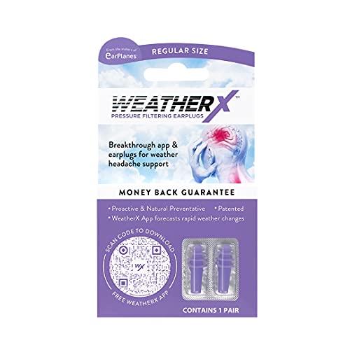 WeatherX Headache Prevention– Pressure Filtering Earplug for Shifts in Barometric Weather Pressure, Download Free Alert app (Regular 1 PK)