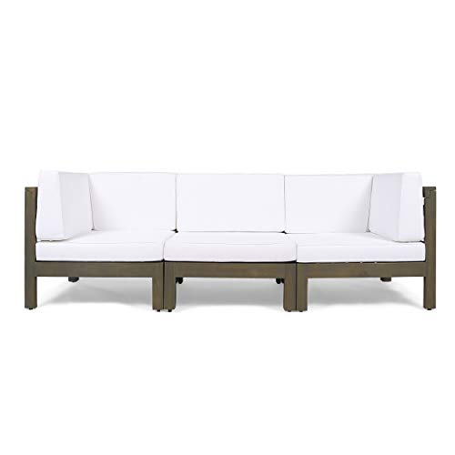 Great Deal Furniture Keith Outdoor Sectional Sofa Set | 3-Seater | Acacia Wood | Water-Resistant Cushions | Gray and White