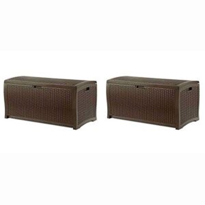 suncast multipurpose 73 gallon wicker resin home outdoor backyard patio storage deck box with secure lockable lid, mocha (2 pack)