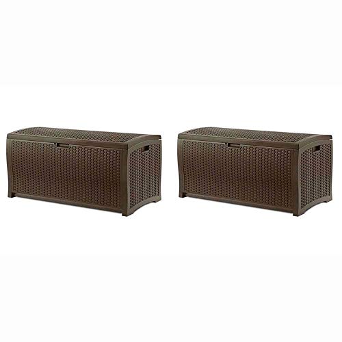 Suncast Multipurpose 73 Gallon Wicker Resin Home Outdoor Backyard Patio Storage Deck Box with Secure Lockable Lid, Mocha (2 Pack)