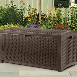 Suncast Multipurpose 73 Gallon Wicker Resin Home Outdoor Backyard Patio Storage Deck Box with Secure Lockable Lid, Mocha (2 Pack)