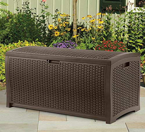 Suncast Multipurpose 73 Gallon Wicker Resin Home Outdoor Backyard Patio Storage Deck Box with Secure Lockable Lid, Mocha (2 Pack)